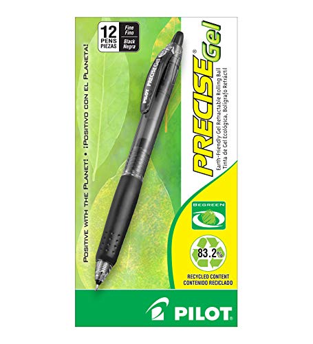 PILOT Precise Gel BeGreen Refillable & Retractable Rolling Ball Pens, Fine Point, Black Ink, 12-Pack (15001)