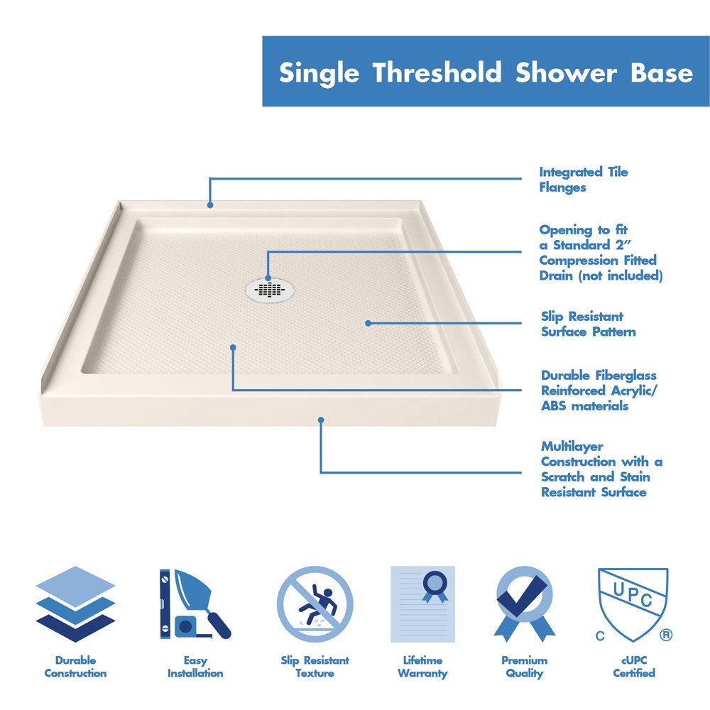 DreamLine SlimLine 36 in. D x 36 in. W x 2 3/4 in. H Center Drain Single Threshold Shower Base in Biscuit, DLT-1136360-22
