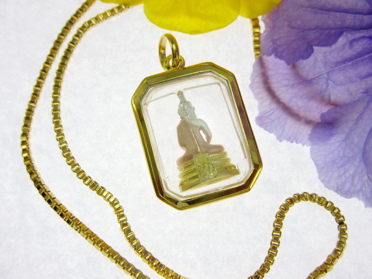Bangkok Bazaar Beautifully Detailed Thai Sothon Buddha Amulet Pendant 18k Gold Plated with 22" Chain