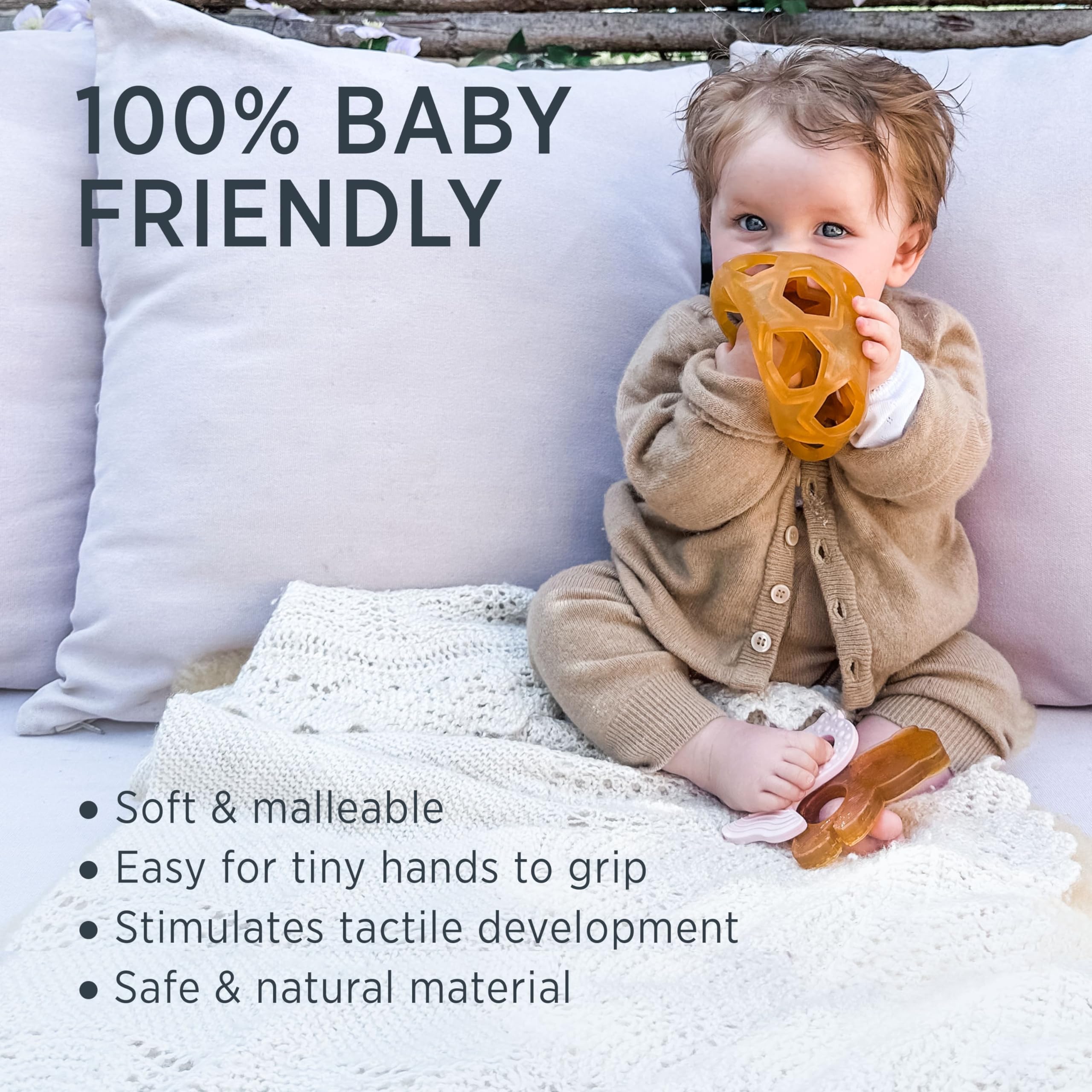 HEVEA Star Activity Ball Toy Made from 100% Upcycled Natural Rubber - Soft and Easy to Hold Baby Ball for Ages +4 Months - Plant Based, Plastic-Free, BPA-Free (Natural)