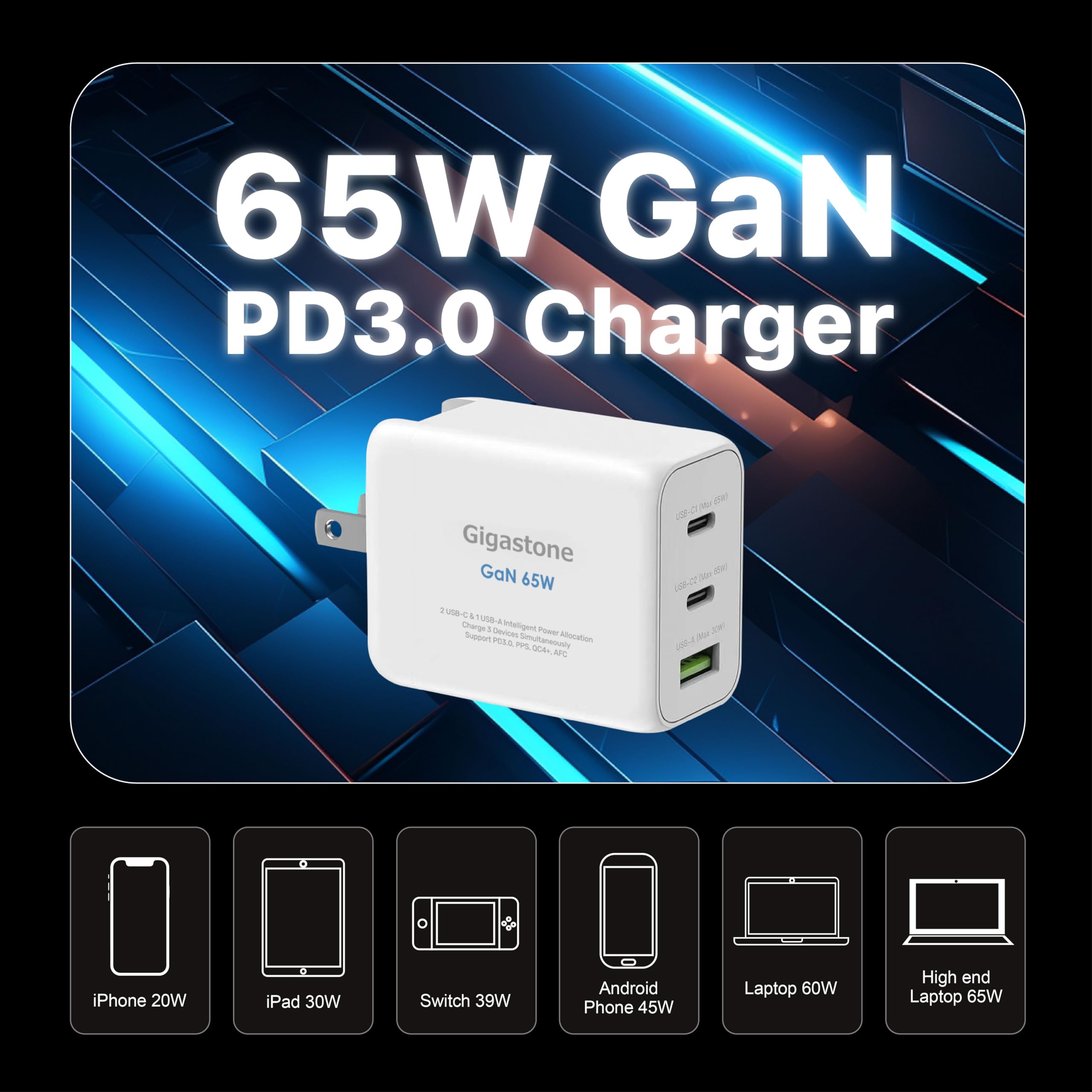 Gigastone 65W USB C Charger (2-Pack), GaN III Tech, PPS, Multiple Port, Foldable Plug, Full Speed Charging for MacBook Air/Pro, Dell XPS, iPad, iPhone, Galaxy