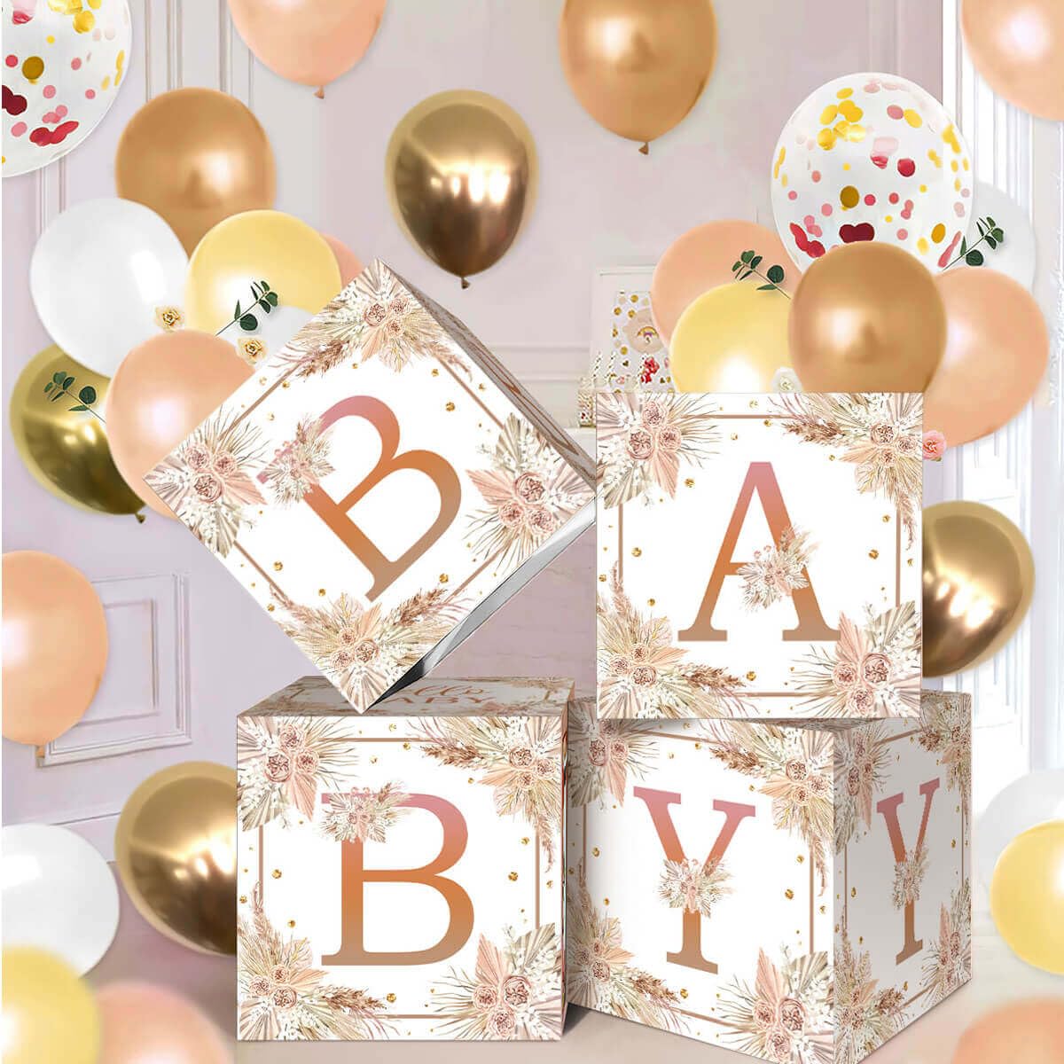Boho Baby Shower Balloon Boxes Decorations - 4 Pcs Bohemian Pampas Grass Baby Shower Party Decorations for Hello Baby Events