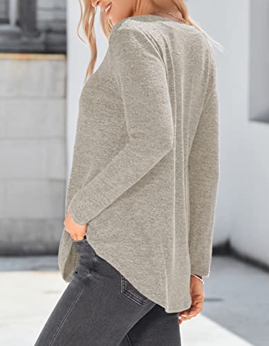 iGENJUN Long Sleeve V Neck Tunic Sweatshirts for Women T Shirts Solid Classic Loose Fit Tops 2023 Fall Fashion Trendy Outfits,Khaki,XL