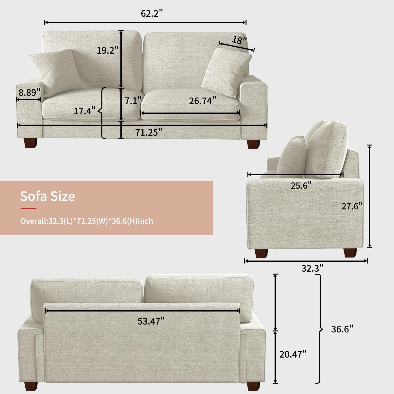 DOPEDIO Modern Living Room Chenille Recliner Sofa Small Sofa,loveseat Sofa,Removable Sofa Cover Space Spring Cushions and Solid Wood Frame, Easy to Install (71.25inch,Beige)