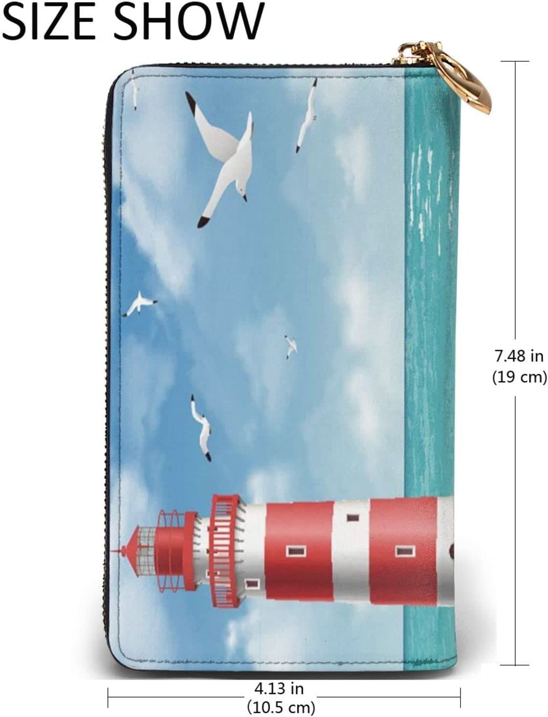 Bird Flying Over Red White Lighthouse Leather Wallet Long Clutch Purse Fashion Wristlet Handbag