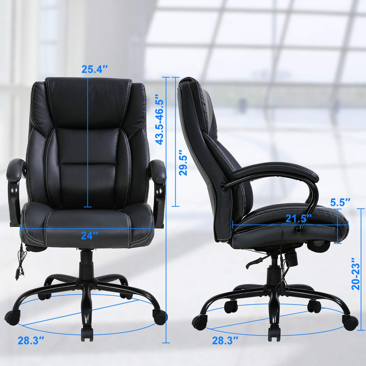 Big and Tall Executive Office Chair - Heavy Duty 500lbs Wide Seat PU Leather Swivel Rolling, Ergonomic Desk Computer Chair w/High Back & Lumbar Support Arms for Home Office Black