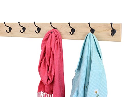 Maple Coat Rack with Bronze Hat & Coat style Hooks 4.5" Ultra-Wide (Natural, 36" x 4.5" with 7 Hooks)