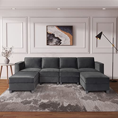 FCNEHLM Modular Sectional Sofa, Convertible U Shaped Modular Sofa with Storage Reversible Ottomans, 6 Seater Sofa Velvet Couch for Living Room