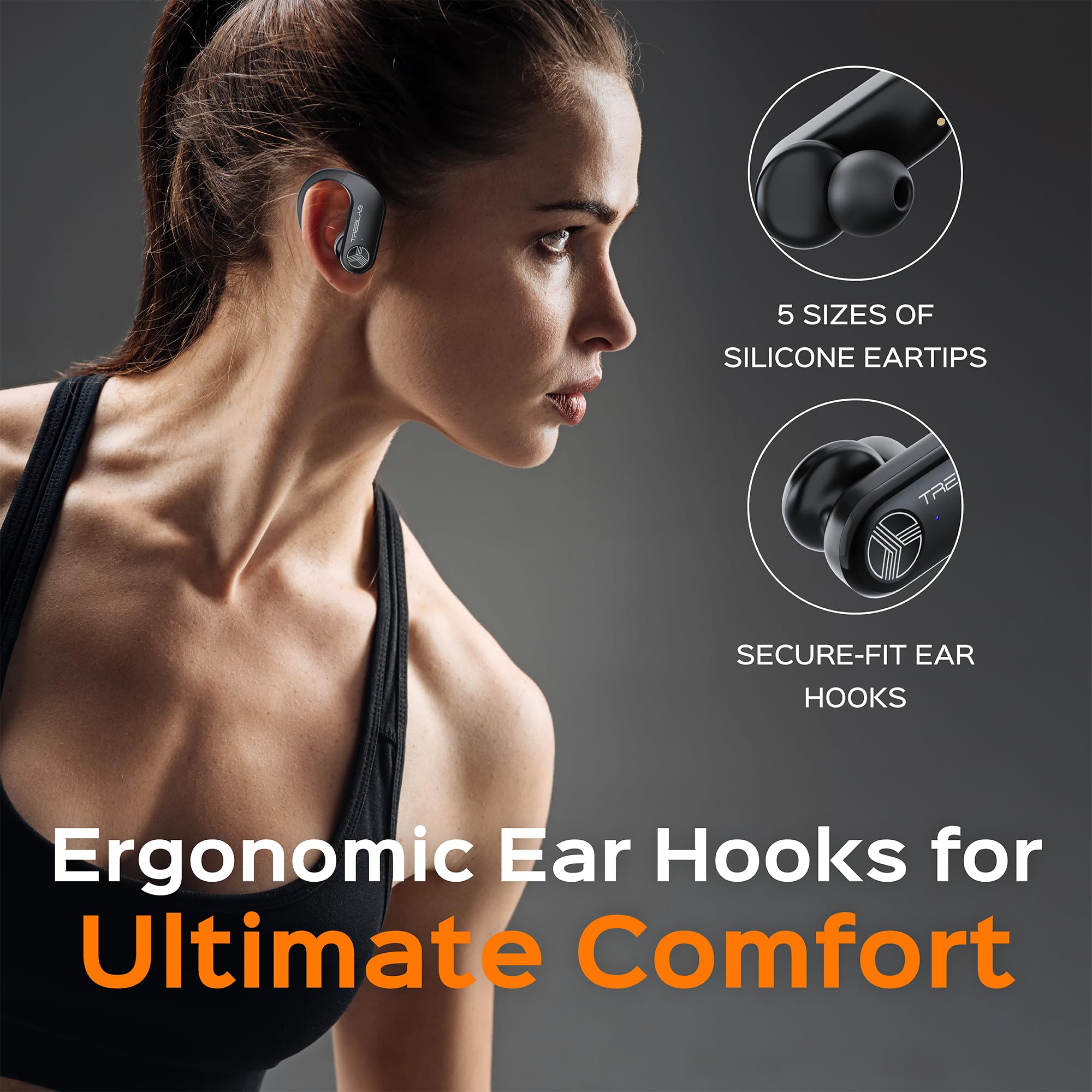 TREBLAB X3-Pro - Wireless Earbuds with Earhooks-45H Playtime, aptX, IPX7 Waterproof Earphones for Running & Workout-Sport Bluetooth Headphones with Charging case-Built-in Microphone- Black (Renewed)