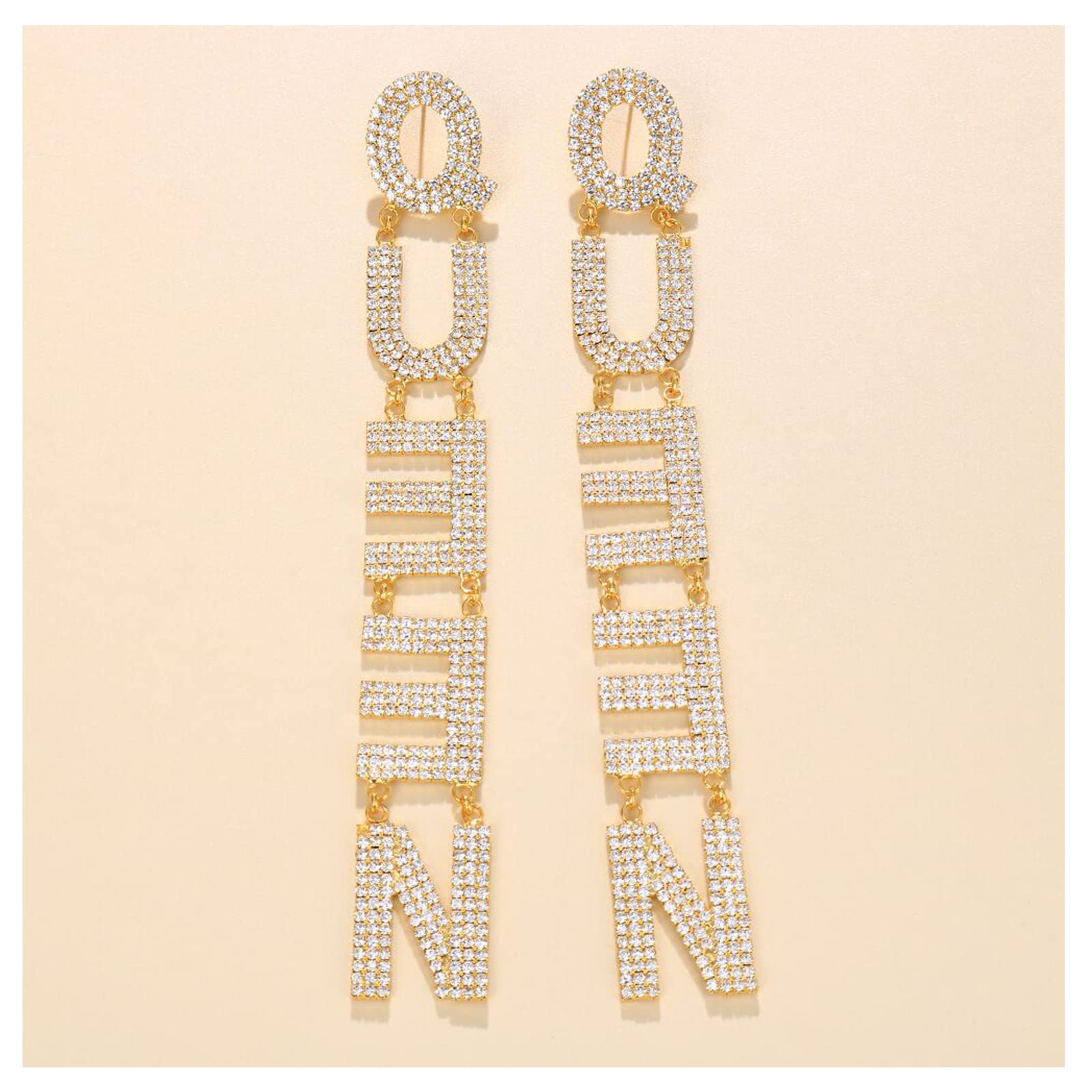 Boho Crystal Tassel Pendant Earrings Rhinestones Long Letter Earrings Flash Diamonds Bridal Body Jewelry For Women (QUEEN-gold)