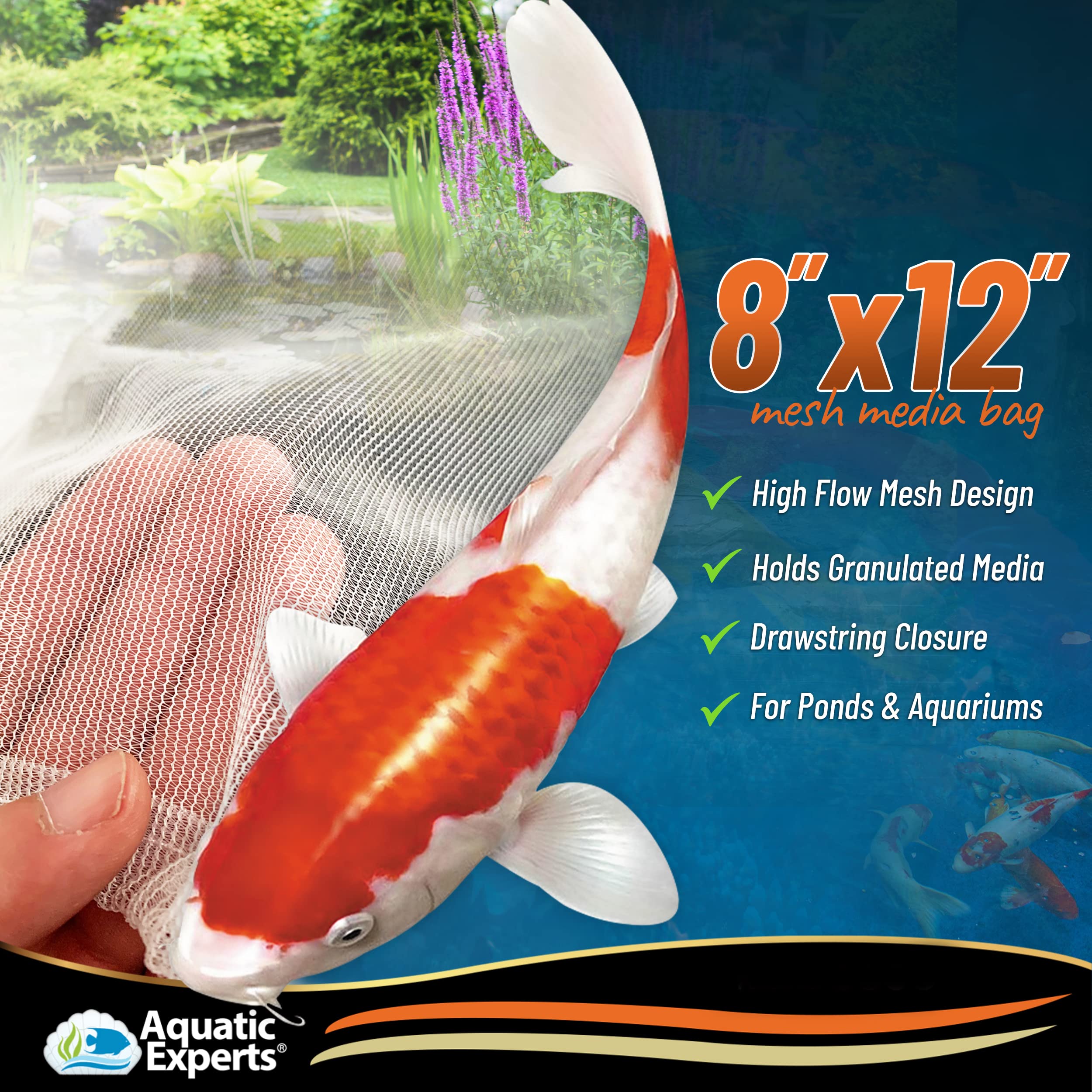 Aquatic Experts 4 Pack Koi Pond Mesh Media Filter Bags - High Flow - 8 inch by 12 inch Pouch with Drawstrings for Activated Carbon - Reusable Water Garden or Aquarium Charcoal Filter Bag (4 Pack)