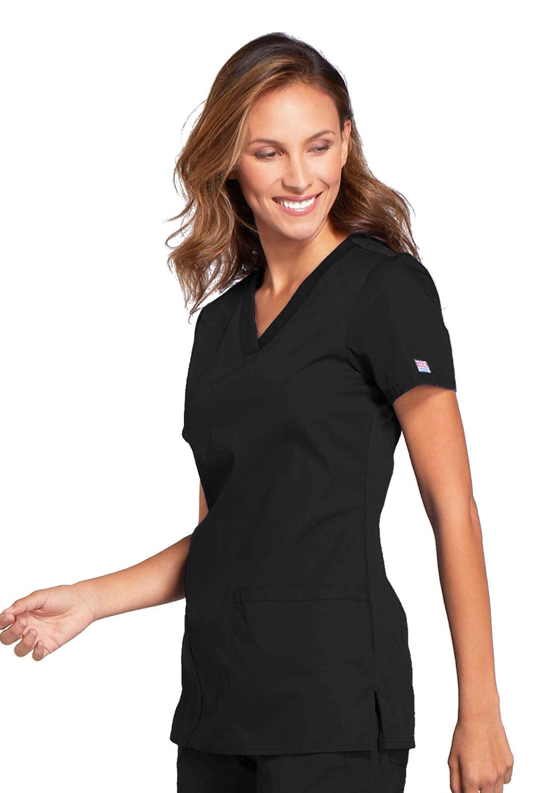 V-Neck Womens Scrubs Top Workwear Originals with Rib-Knit Back Panels WW645, M, Black