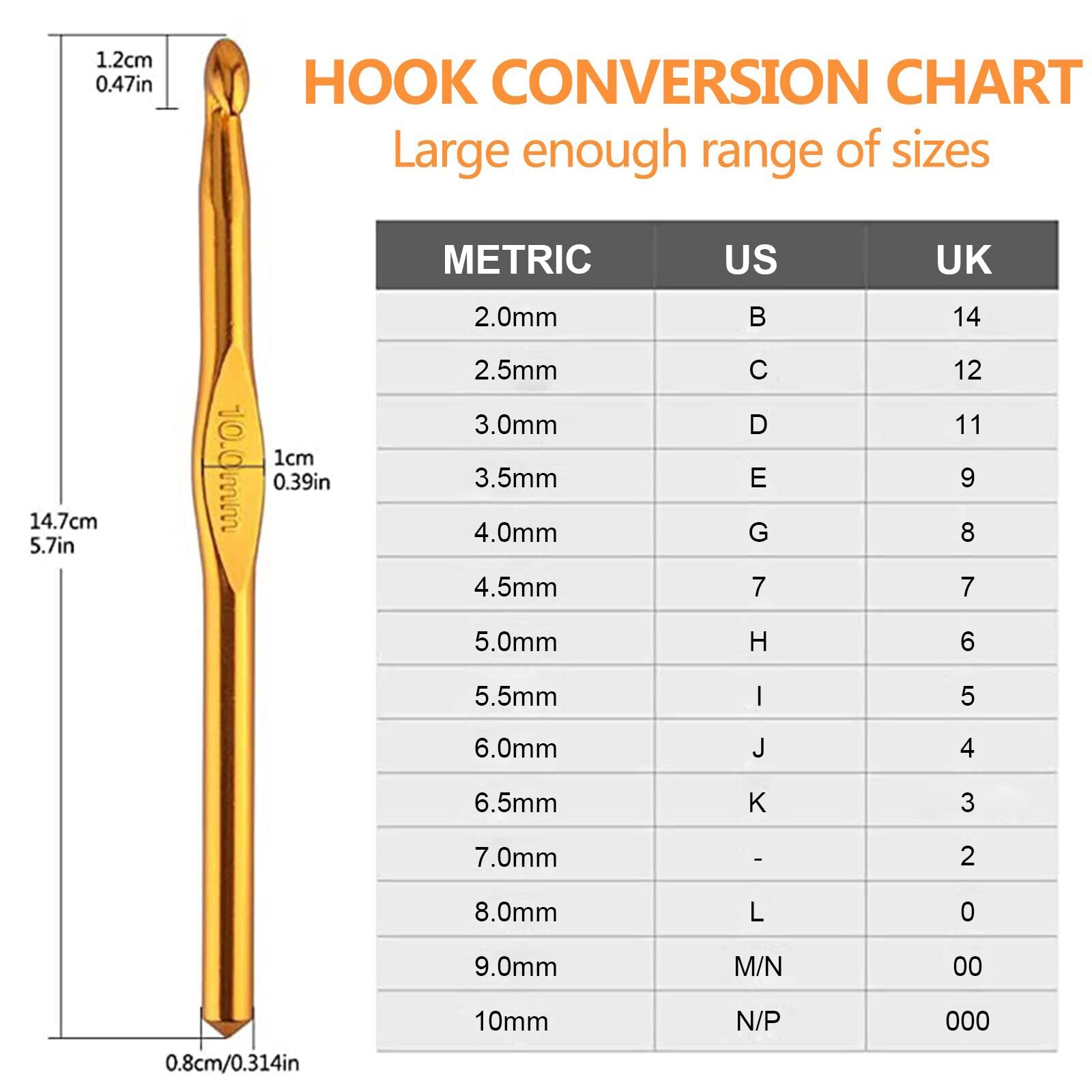 BCMRUN 34Pcs Crochet Hooks Set,14 Size 2.25mm(B)-10mm(N) Ergonomic Handles Crochet Kit with Case,Large-Eye Blunt Knitting Needles Tools, Knit Needles Weave Yarn Craft Sewing Tools Set, Best Gift