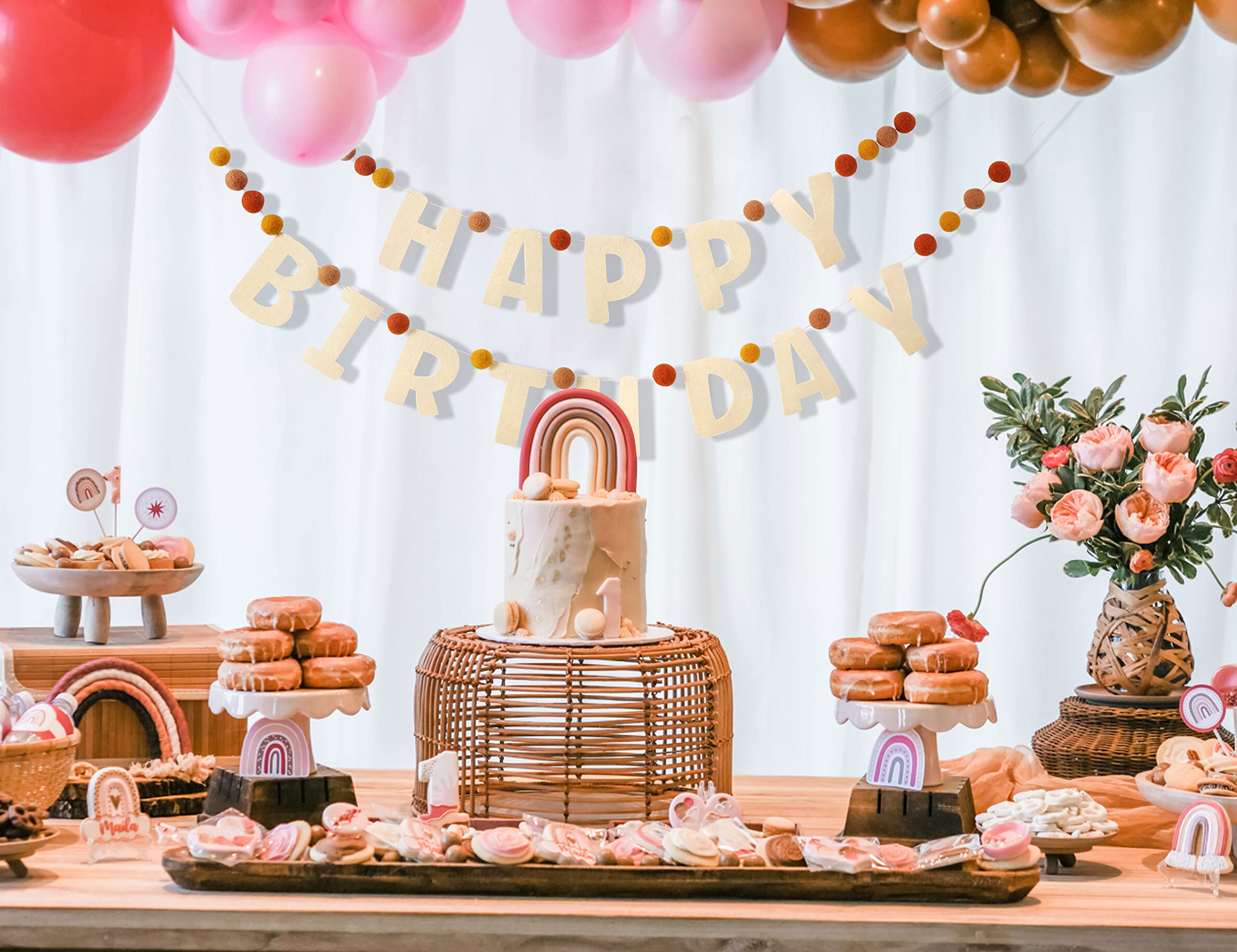 Boho Felt Happy Birthday Garland - Natural Handmade Wool Letters & Balls, Boho Birthday Decoration, Decorations for Children's Birthday Parties, Assembled Happy Birthday Banner