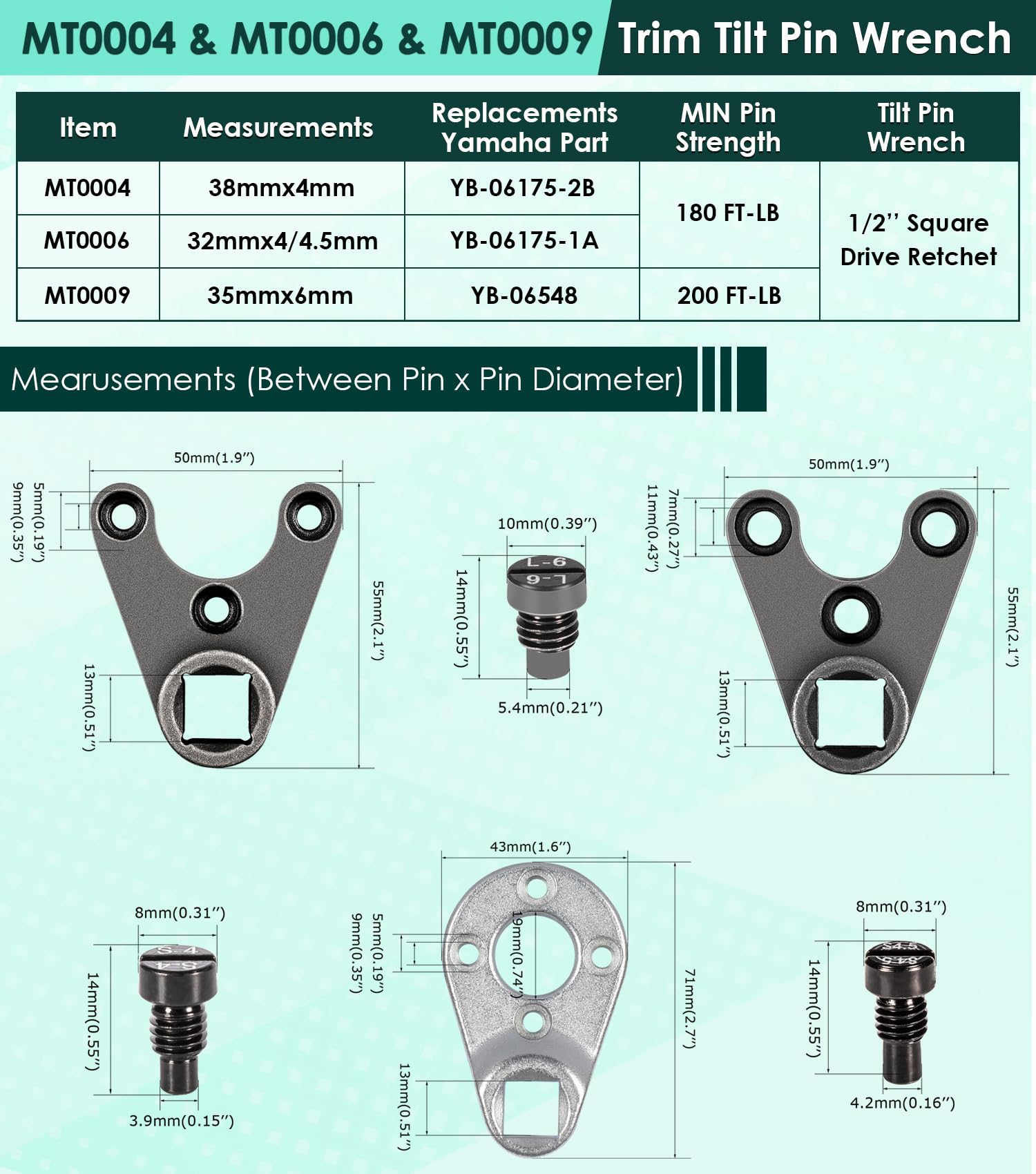 Trim Tilt Pin Wrench Set MT0004 & MT0006 & MT0009 Remove Trim/Tilt Caps on Hydraulic Cylinders for Yamaha Suzuki Johnson Evinrude Honda Outboards