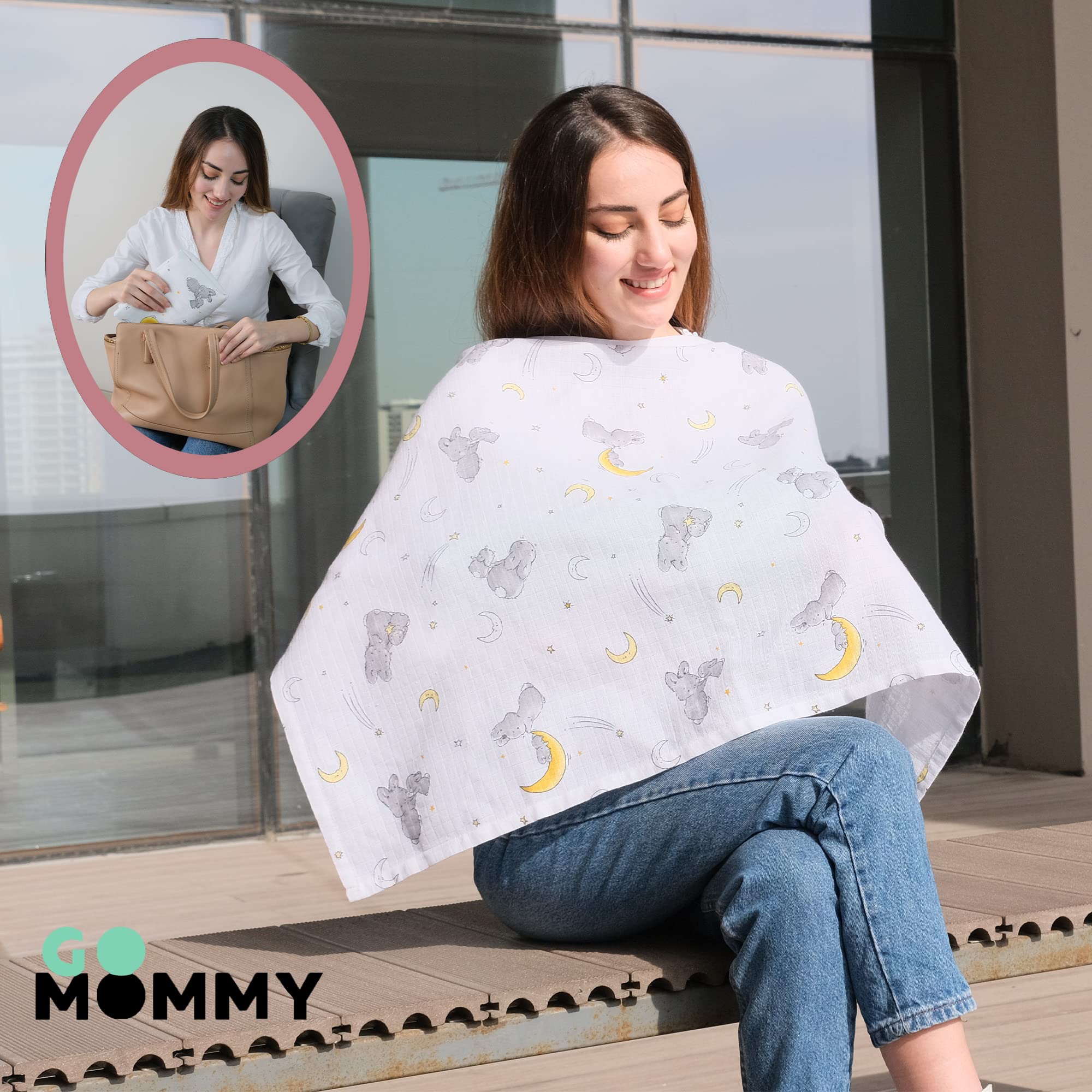 Go Mommy Muslin Nursing Cover for Baby Breastfeeding, Breathable 100% Cotton Breastfeeding Cover for Mother Nursing Apron, Multi-use Carseat Canopy