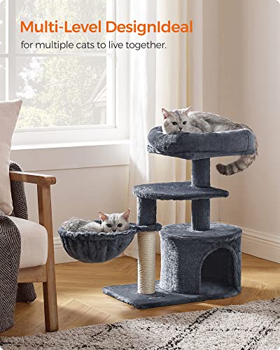 Feandrea Cat Tree, Small Cat Tower, Cat Condo, Kitten Activity Center with Scratching Post, Basket, Cave, Smoky Gray UPCT59G