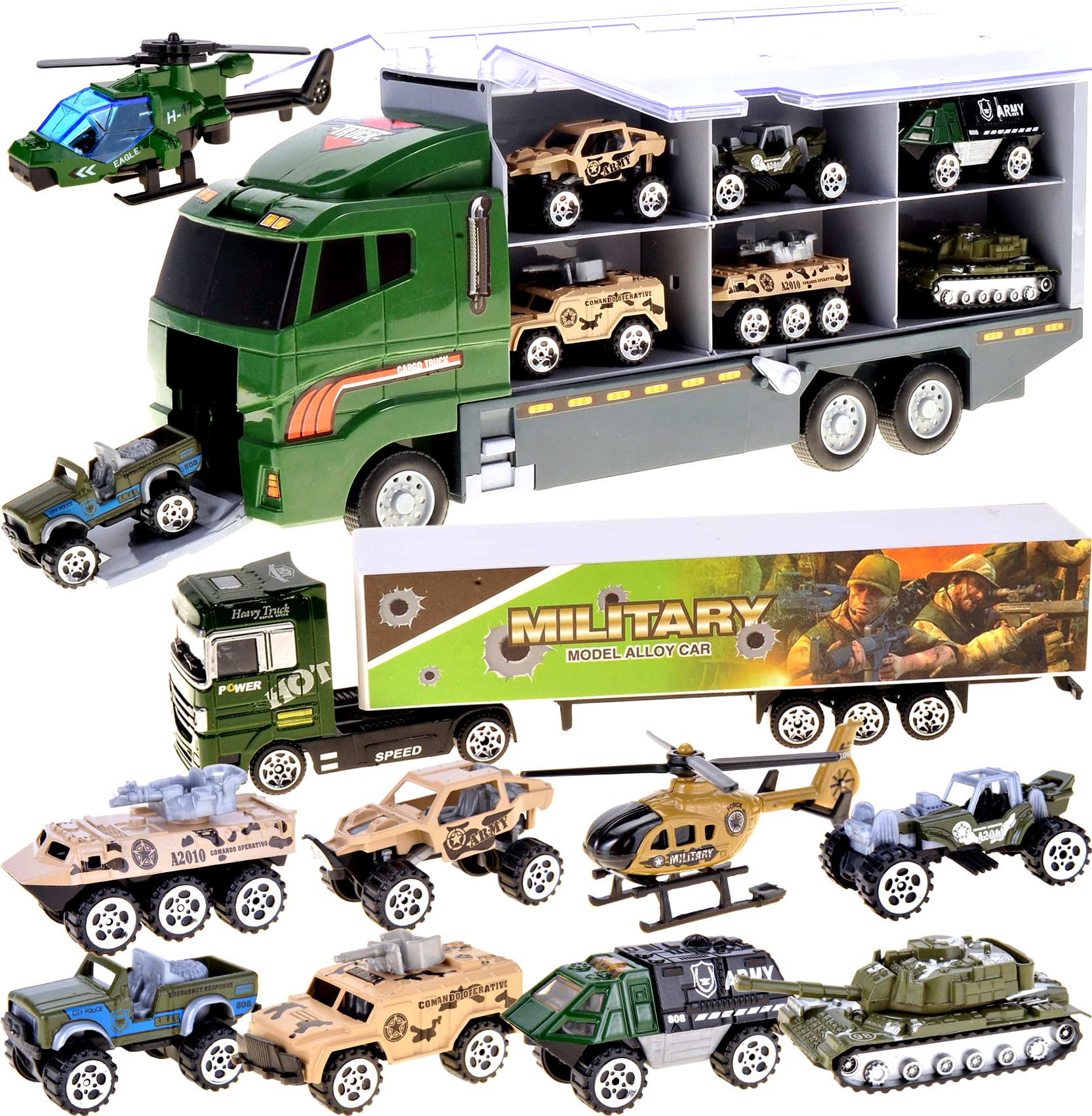 PowerTRC Army Toys for Boys 6-8 8-12, Die-Cast Army Military Vehicles Toys, Diecast Army Trucks and Cars with Carrier Truck, Kids Army Toys, Military Trucks for Boys