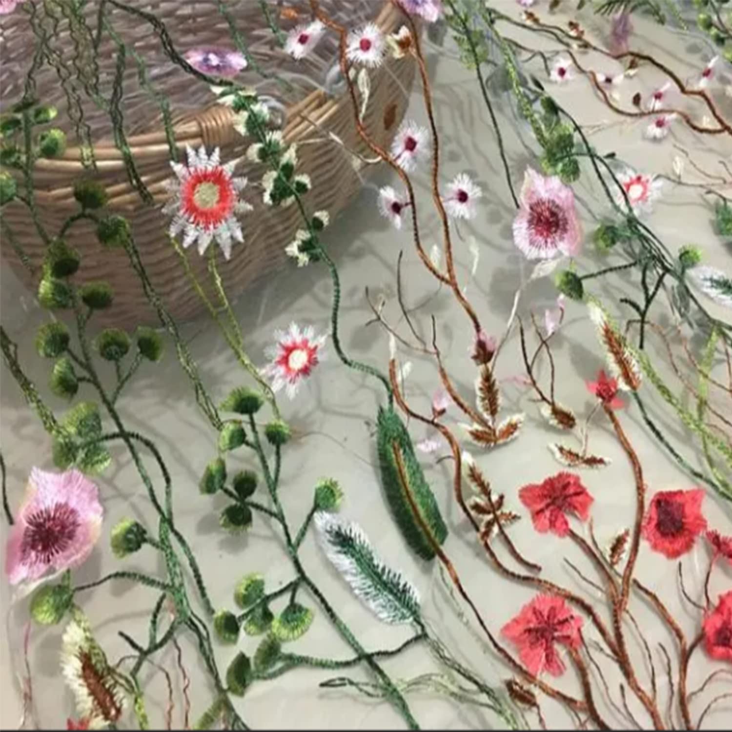 TUIUSTU Lace Fabric, Length 71.6" Width 59" 2Yard Colorful Floral White Lace Fabric by The Yard for Dresses, Flower Elegant Sewing Lace Fabric for DIY Dress Sewing Wedding