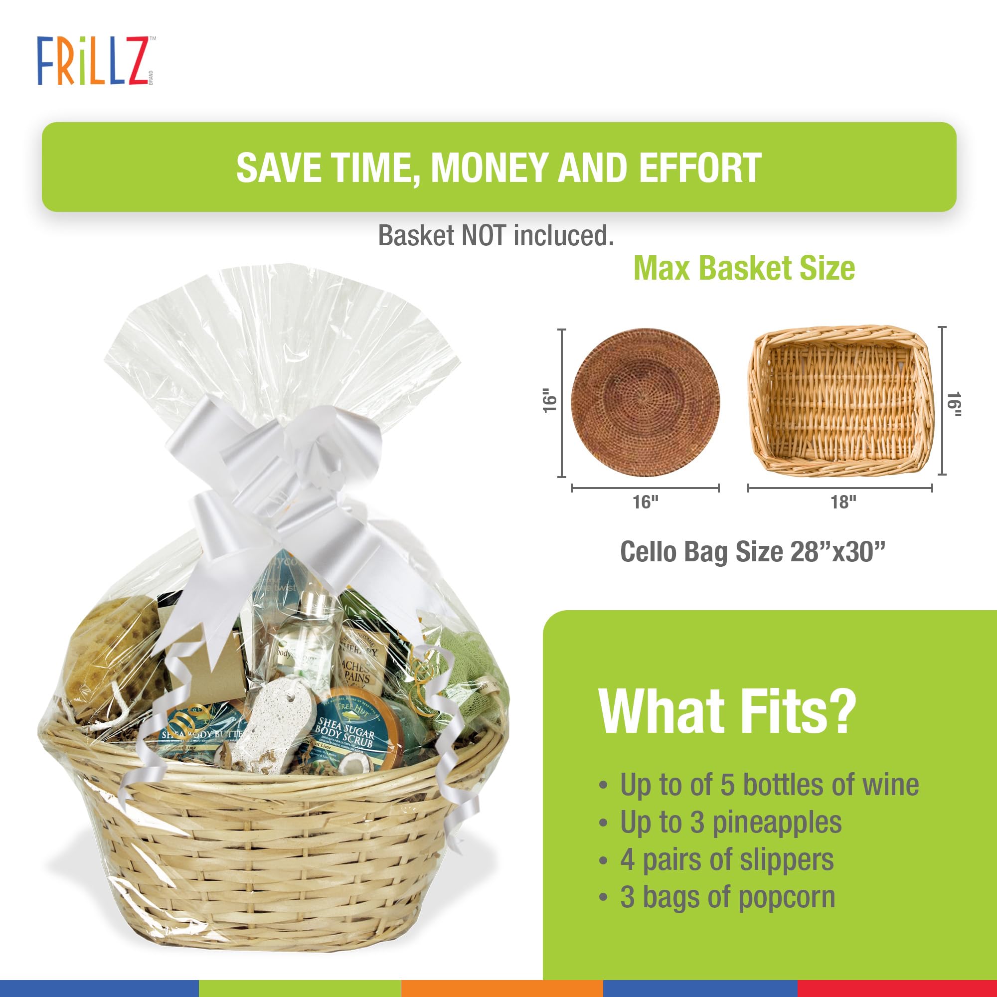 FRILLZ Cellophane Gift Basket Supply Kit, Includes 4 Clear Basket Bags, 4 Easy-pull Bows,4 gift tags and 24 adhesive dots. Create 4 elegant gift baskets with this kit.