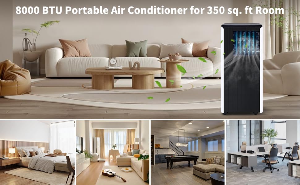 DENBIG Portable Air Conditioner for Room up to 350 sq.ft, 8,000 BTU A/C Unit with Dehumidifier and Cooling Fan with 2 Speeds, 24-Hour Timer, Sleep Mode, Remote Control, Window Installation Kit