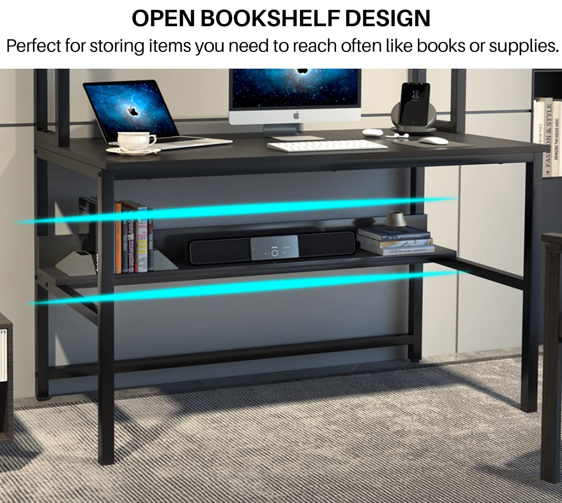 Aquzee Computer Desk with Hutch and Bookshelves, Large Leg Room 55 inch Width Black Desk with Space Saving Storage Shelves, Easy Assemble and All Hardware and Tools Included