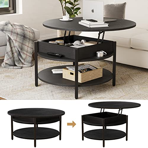FABATO Round Lift Top Coffee Table with Storage and Hidden Compartment, 35.43'' Farmhouse Coffee Table for Living Room Reception Room, 2 Tier Large Round Coffee Table Round Dining Table, Black