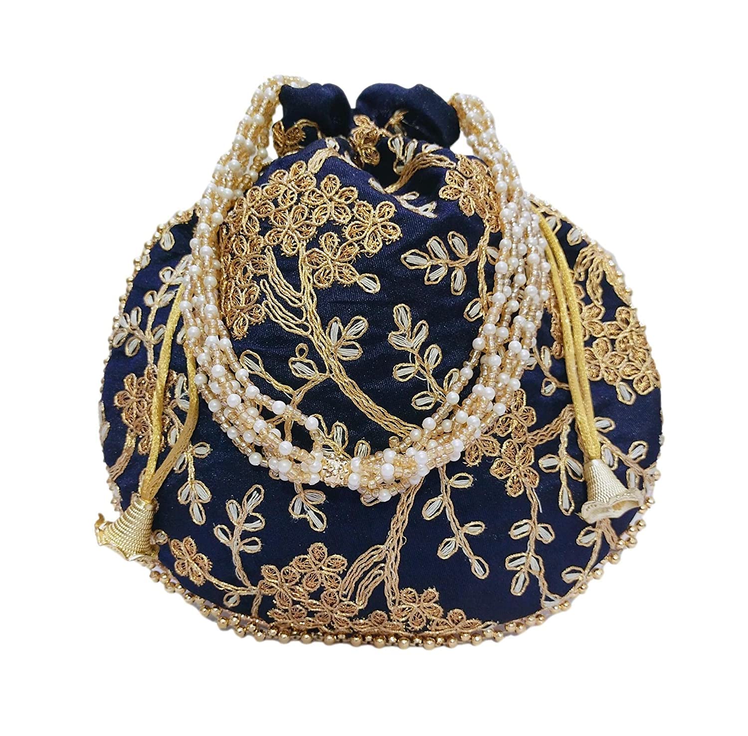 Truesellershop Indian Ethnic Designer Embroidered Silk Potli Bag Batwa Pearls Handle Purse Clutch Purse for Women (Navy Blue)
