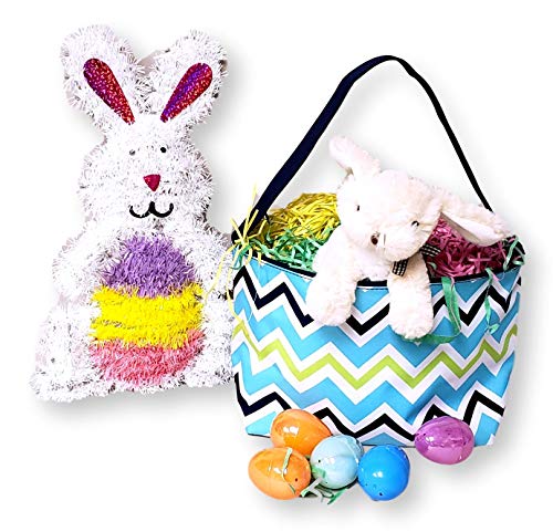 Zig Zag Chevron Material Easter Basket Bucket for Toys Egg Hunting Party (Blue Chevron with Embroidered Name)