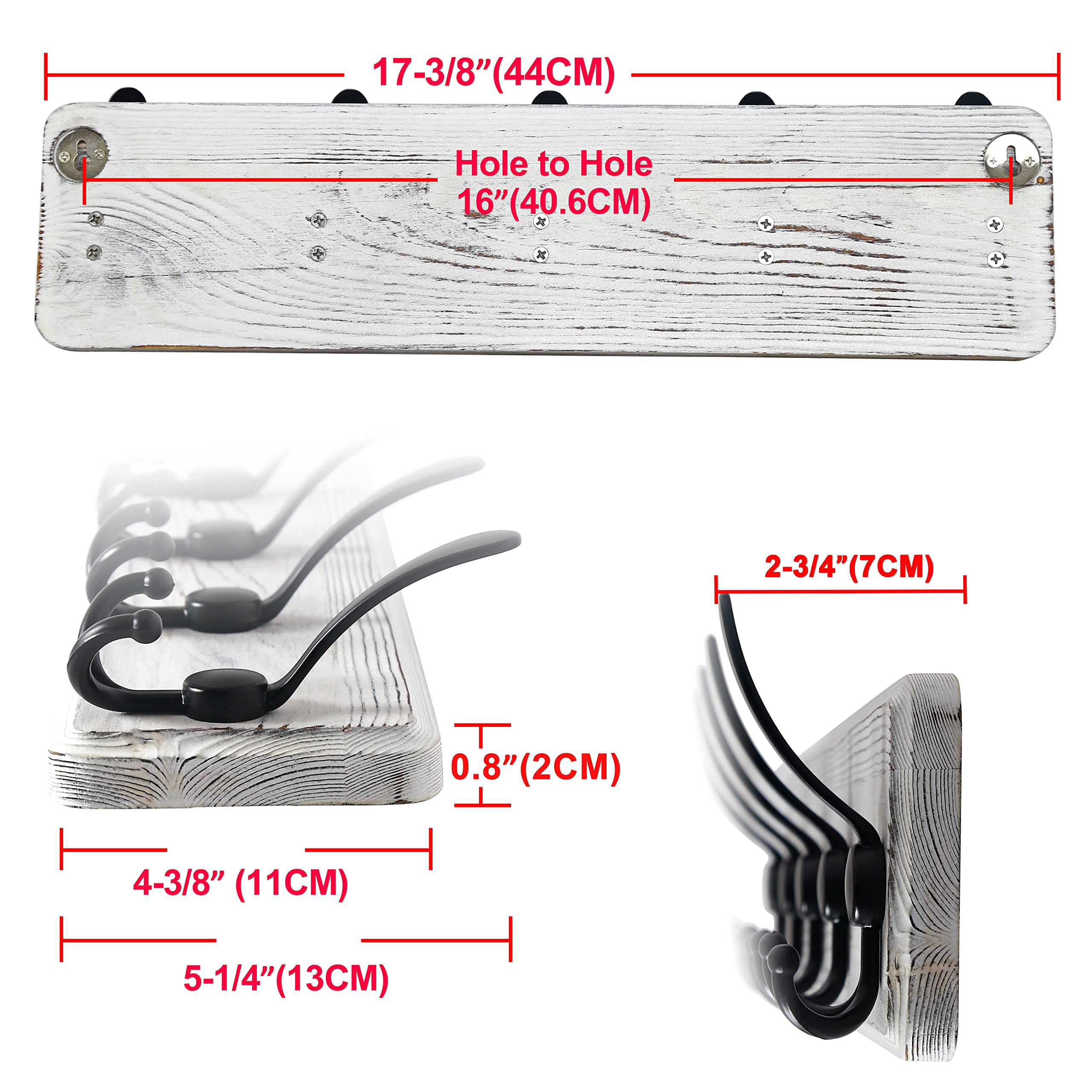 Dseap Coat Rack Wall Mounted - 5 Tri Hooks, Heavy Duty, Wooden Wall Coat Hanger Coat Hook for Clothes Hat Jacket Clothing, Natural & Black, 2 Packs