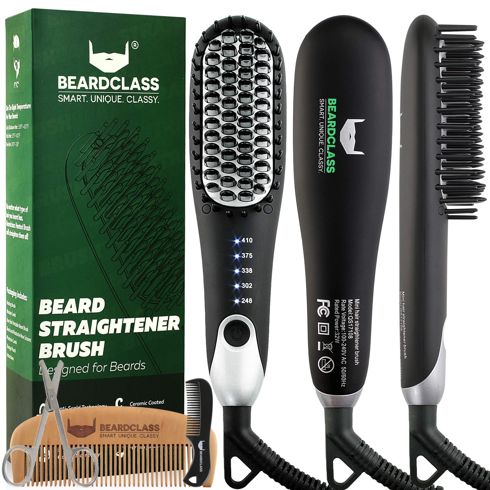 BEARDCLASS Premium Beard Straightener Comb - USA Designed for Beards! Fast Heating Electric Straightening Brush for Men with Anti-Scald Technology - Adjustable Temperature Portable Heated Straightner