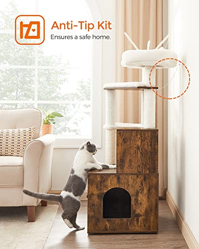 Feandrea WoodyWonders Cat Tree with Litter Box Enclosure, 2-in-1 Modern Tower, Furniture Hidden, Cat Condo with Scratching Posts, Removable Pompom Sticks, Rustic Brown UPCT113X01