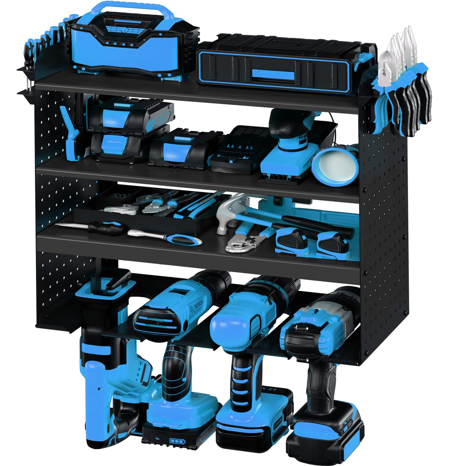 WASAIT Power Tool Organizer Wall Mount Tool Holder 4 Tier Heavy Duty Garage Pegboard Tool Organizer Organizers with 4 Drill Storage Rack Height Adjustable for Garden Garage Storage Workshop Black