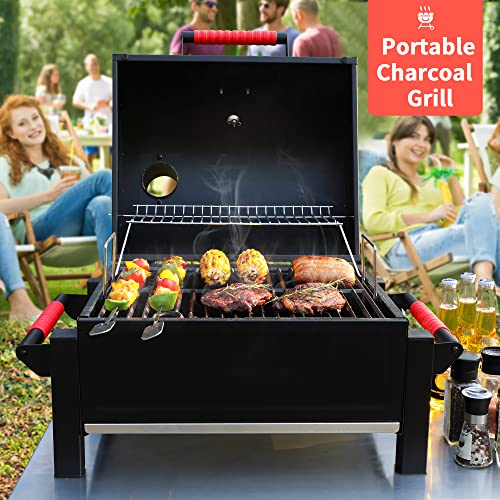 FEASTO Portable Charcoal Grill with Two Silicone Holding Handles, Tabletop grilling with 354 Square Inches Cooking Area, Convenient for outdoor Camping and Picnic, Black,L26.8’’x W20’’x H21.3’’