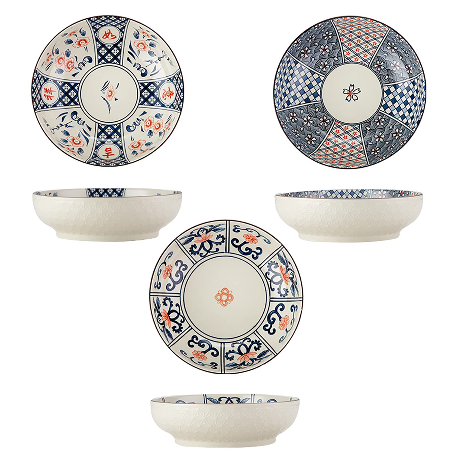 Ceramic Pasta Bowls,9.25 inch Large Salad Bowls,deep 2.76inch,72oz,Set of 3,Microwave and Oven Safe,Dishwarebowls for Serving Dinner, Salad, Soup, Oatmeal, Mix-Match Pattern, Gift