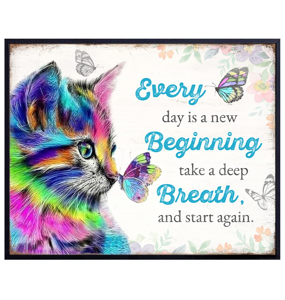Cute Cat Wall Art - Cat Themed Gifts - Cat Lady Gift for Women Woman Girl - Cat Lover Motivational poster - Cat Room Decor - Shabby chic Cat Poster - Inspiration Butterflies Wall Decor - UNFRAMED 8x10