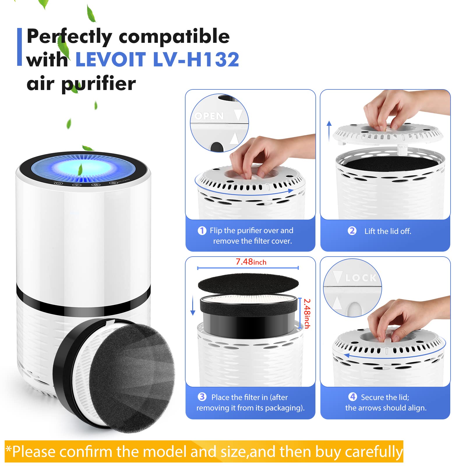 Lv-h132 Replacement Filter,Compatible with Levoit Air Purifier Replacement Filter,Compatible with Levoit Air Purifier Filter(1 PACK)