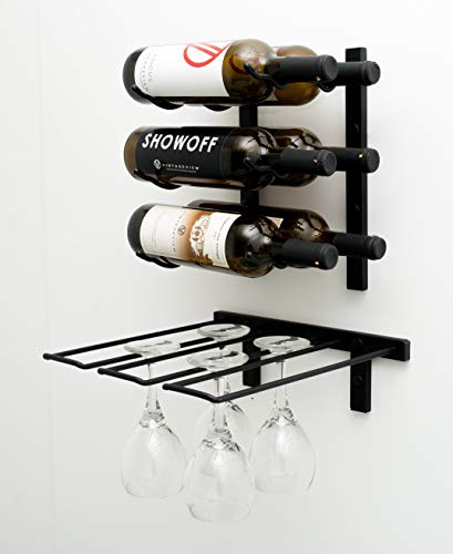 VintageView Wall Series-Stemware Wall Mounted Wine Glass Rack (Satin Black) Stylish Modern Wine Storage with Label Forward Design