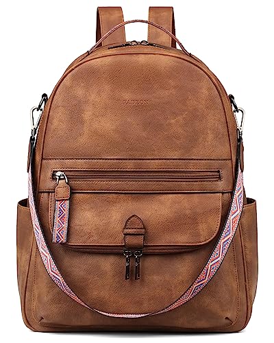 FADEON Leather Laptop Backpack for Women PU Computer Backpacks, Designer Travel Back Pack Purse with Laptop Compartment Brown