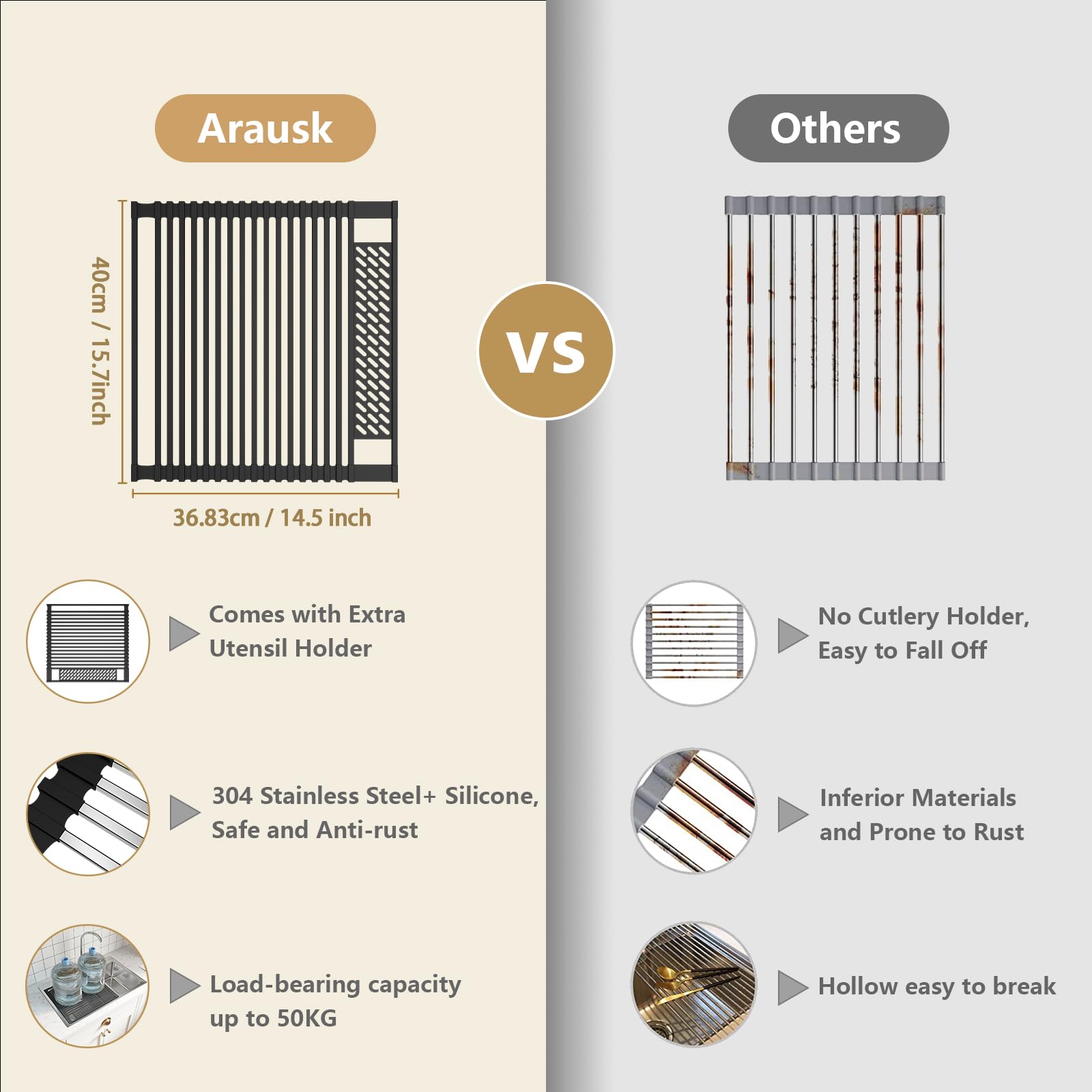 Arausk 16.7" x 14.5" Roll up Dish Drying Rack Silicone Coated Portable Dish Rack Dish Drainer Foldable Stainless Steel Over Sink Kitchen Drainer Rack for Cups Vegetables (XL)