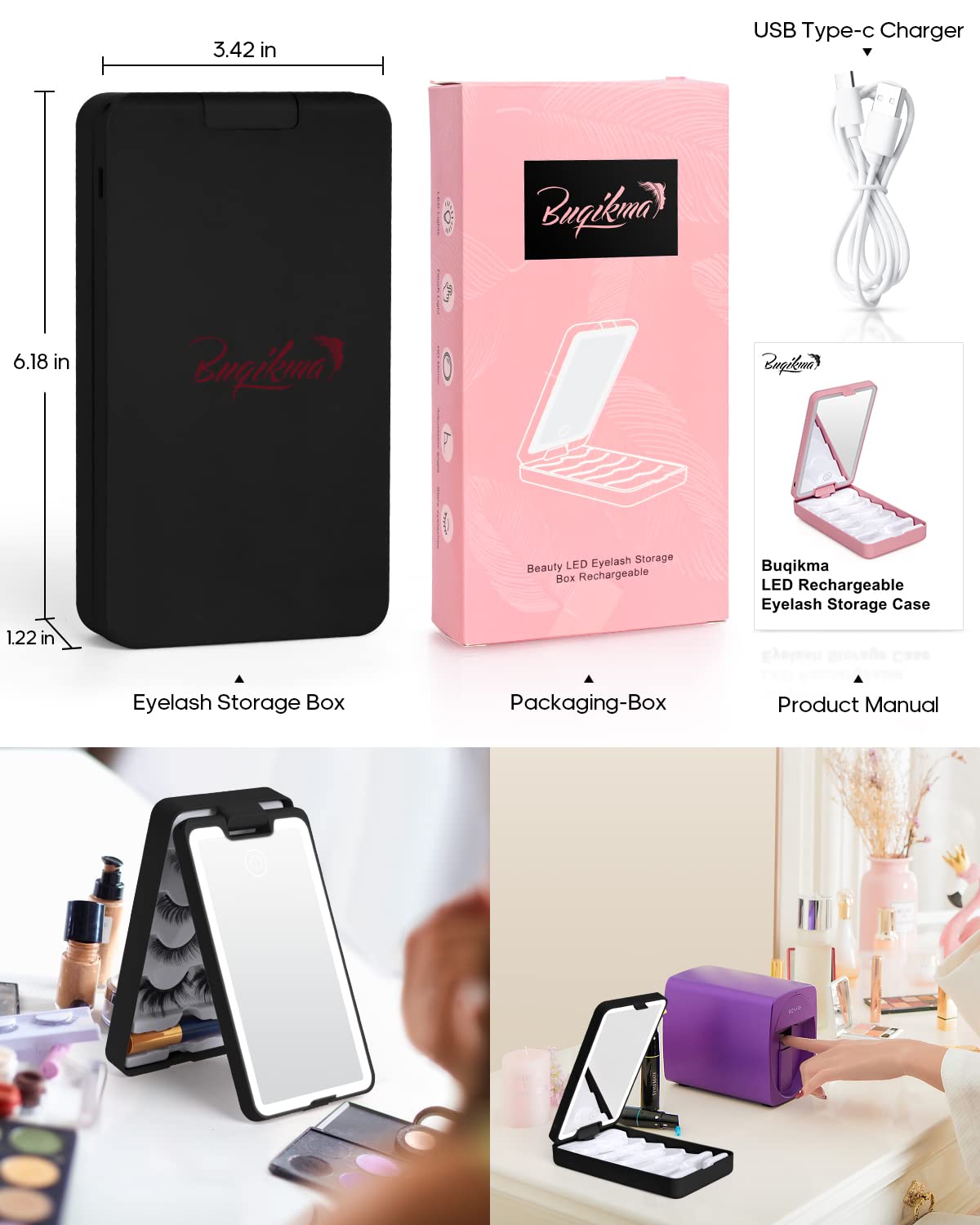 Buqikma Rechargeable Eyelash Compact Case with Lighted Makeup Mirror - Dimmable Eyelash Case Organizer Container Empty 360 Degree Rotation False Eyelash Storage Display Box(Black)