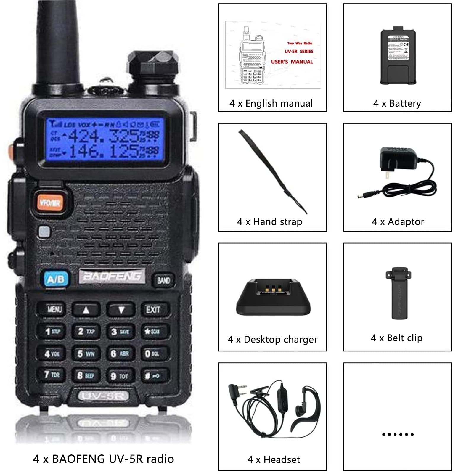 Baofeng UV-5R Dual Band Two Way Radio Pack of 4 for Hiking Camping Skiing Trip (Black)