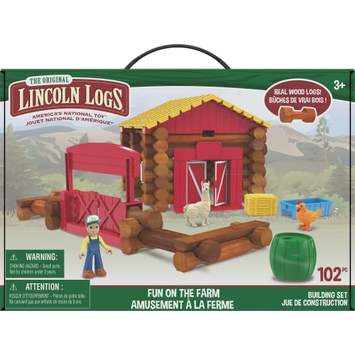 LINCOLN LOGS – Fun On The Farm - 102 Parts - Real Wood Logs - Ages 3+ - Best Retro Building Gift Set for Boys/Girls – Creative Construction Engineering – Top Blocks Game Kit - Preschool Education Toy