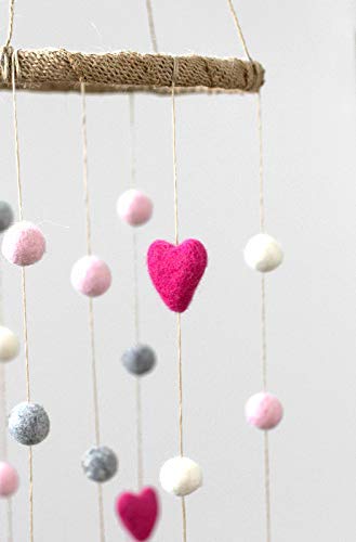 Felt Ball & Heart Nursery Ceiling Mobile- Hot Pink, Light Pink, Gray & White