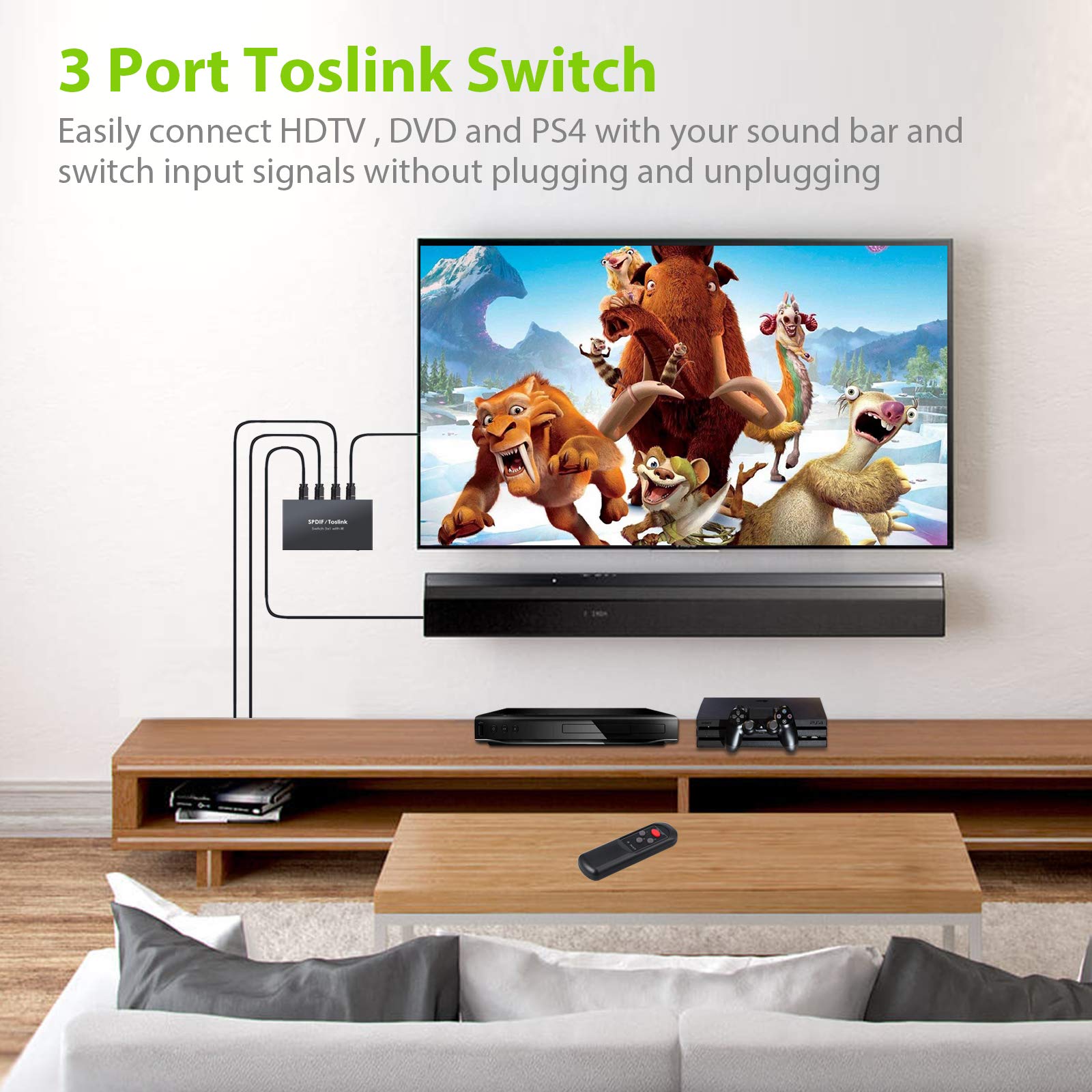 LiNKFOR Digital Toslink Optical 3x1 Switch with 3ft Optical Cable and IR Remote Control Aluminum Alloy Digital Audio SPDIF Toslink Optical Fiber Switcher 3 in 1 Out for PS3 Xbox Blue-Ray DVD HDTV