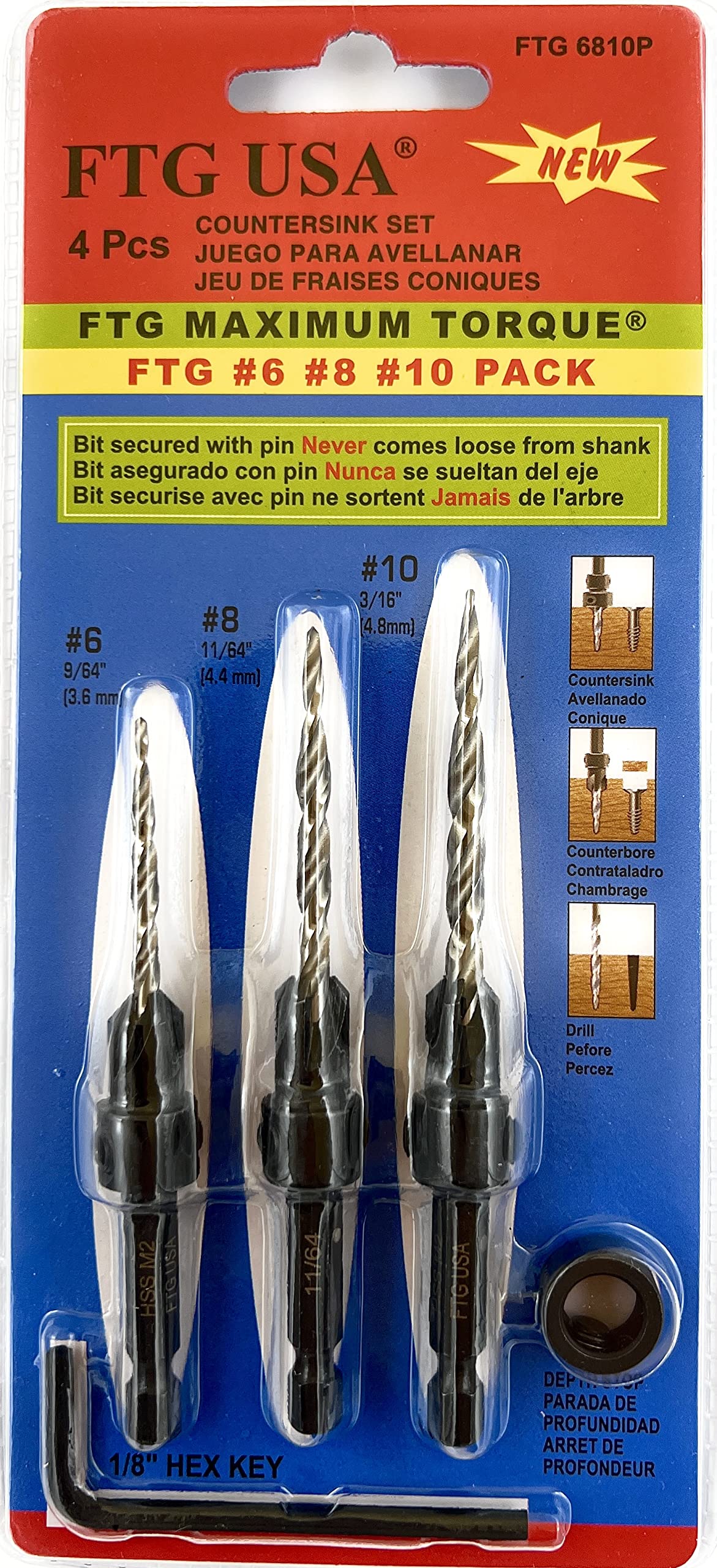 FTG USA Adjustable Wood Countersink Drill Bit Set #6#8#10 with Tapered Drill Bit for Woodworking
