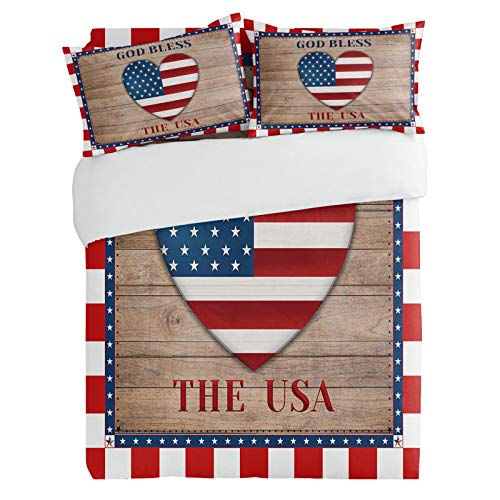 Independence Day Queen Duvet Covers American Flag Love Wood Plank 3-Piece Bedding Sets Luxury Soft Microfiber Bed Comforter Protector with Pillow Cases for Women Men Girl Boy Red White Plaid