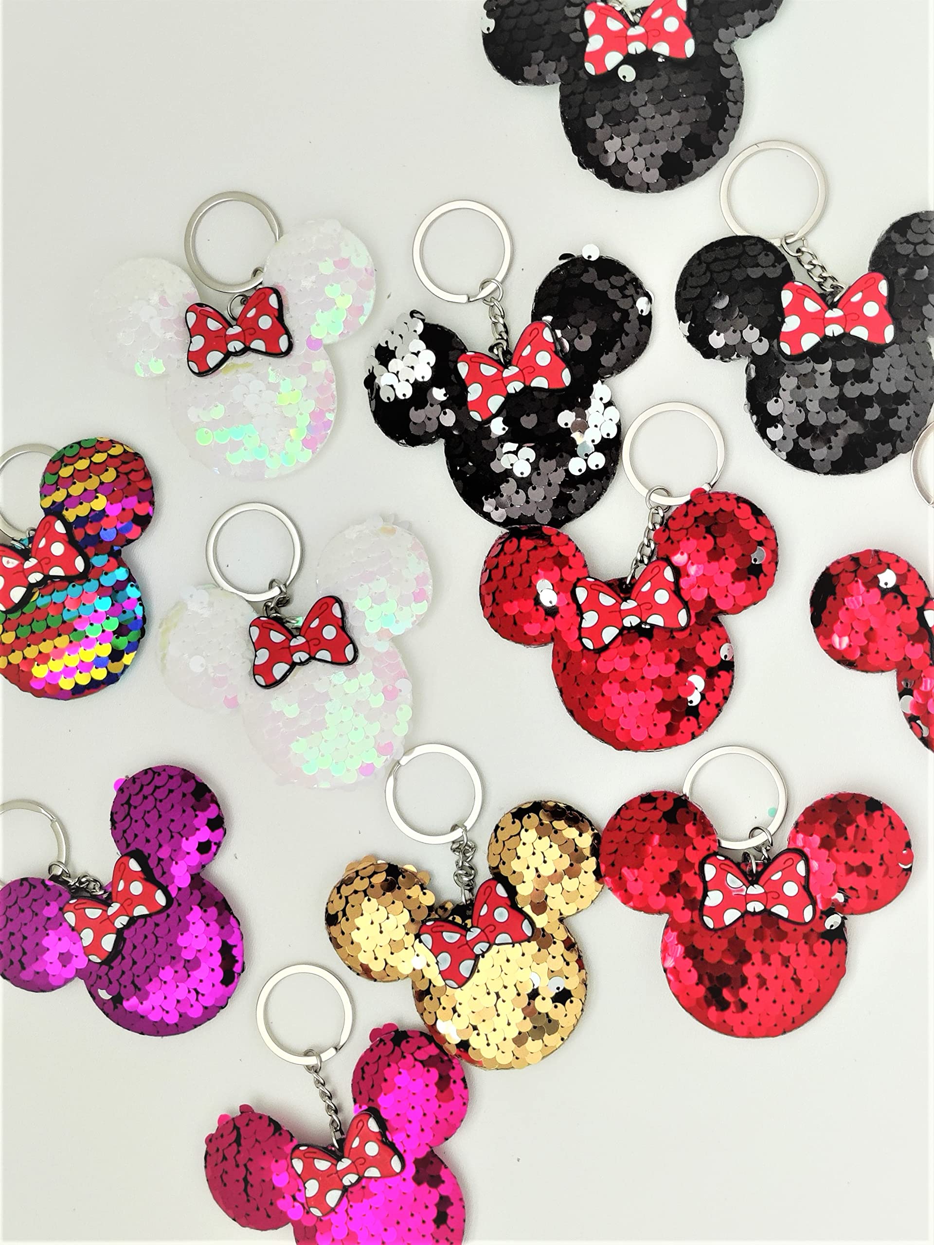 ITISMINE 12 pieces Sparkly BLINK Plush Reversible Sequin 3 inch Key Chain Appeal Backpack Bag Accessories (Minnie Shape), Red Pink Gold Silver Rainbow, 1 size fit all