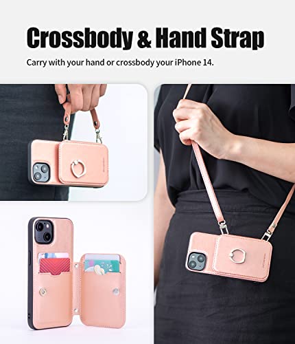 GOOSPERY Rich-Fit iPhone 14 Crossbody Wallet Case for iPhone 14 Case [Strap Included] with Card Holder Lanyard Magnetic Clasp [Kickstand Ring] Heavy Duty Protection, Rose Gold