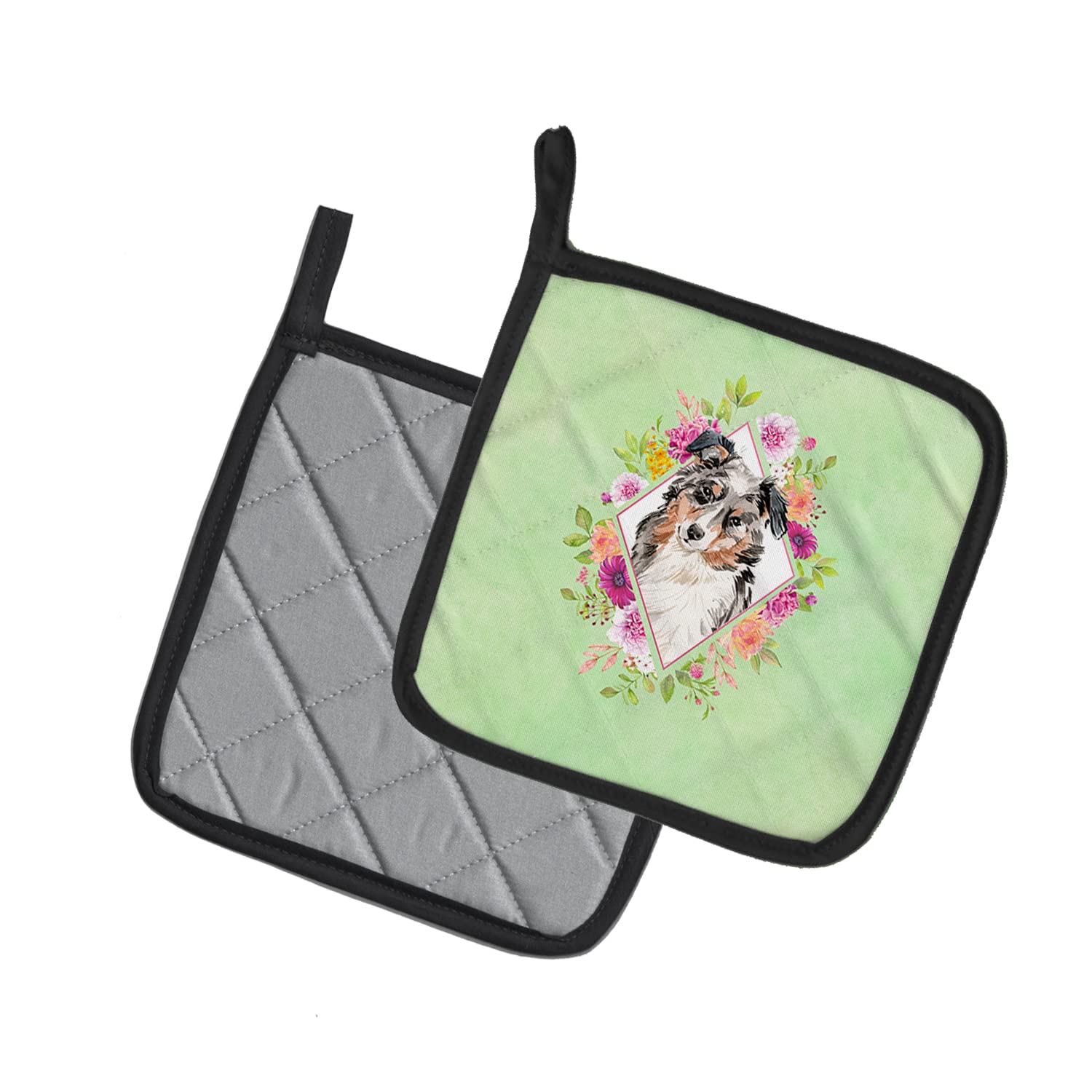 Caroline's Treasures CK4427PTHD Australian Shepherd Green Flowers Pair of Pot Holders Kitchen Heat Resistant Pot Holders Sets Oven Hot Pads for Cooking Baking BBQ, 7 1/2 x 7 1/2